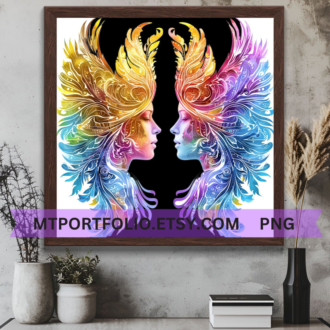 Winged Angel Faces Printable Art Opposing Faces Wall Art Space Fantasy ...