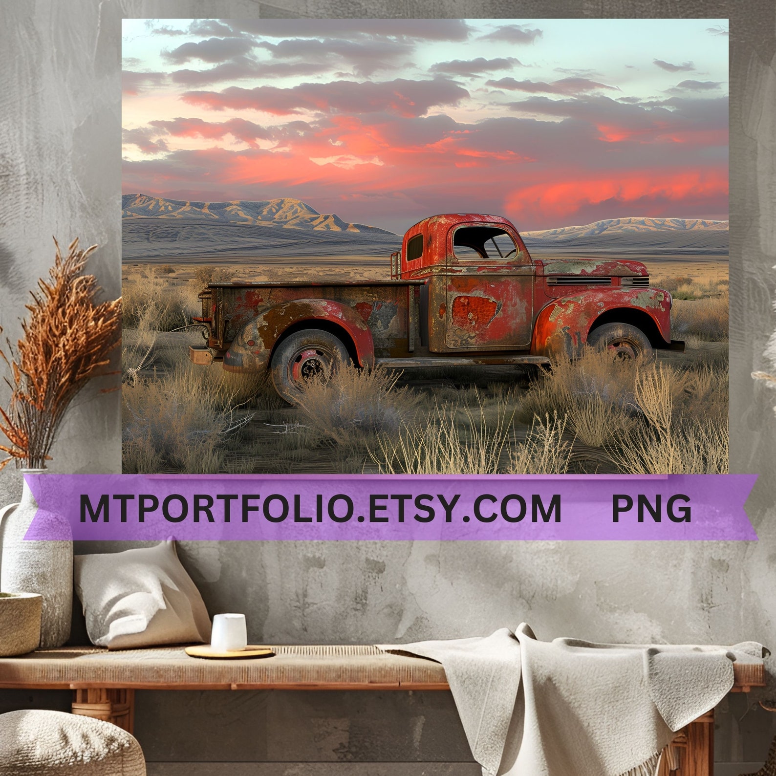 Vintage Rusty Red Truck Printable Art Southwest Scenery Wall Art Man ...