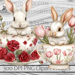 Teacup Bunny Clipart Vintage Floral Easter Rustic Cottagecore PNG ...