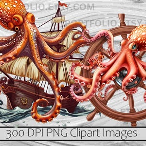 Octopus Clipart Ship Wheel Octopus PNG Graphic Pirate Cannon ...