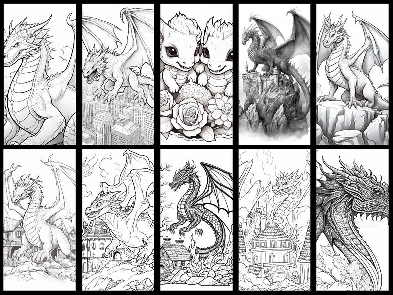 Fantasy Dragons Medieval Creatures - 25 Adult Coloring Pages - Ready to ...