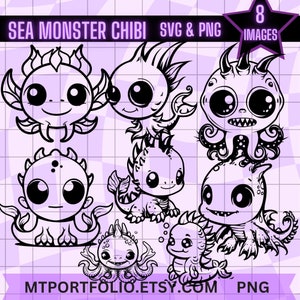 Cute Sea Monster Chibi SVG Bundle Kawaii PNG Cut Files Craft Making ...
