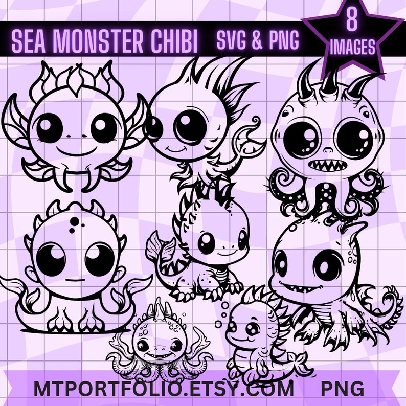 Cute Sea Monster Chibi SVG Bundle Kawaii PNG Cut Files Craft Making ...