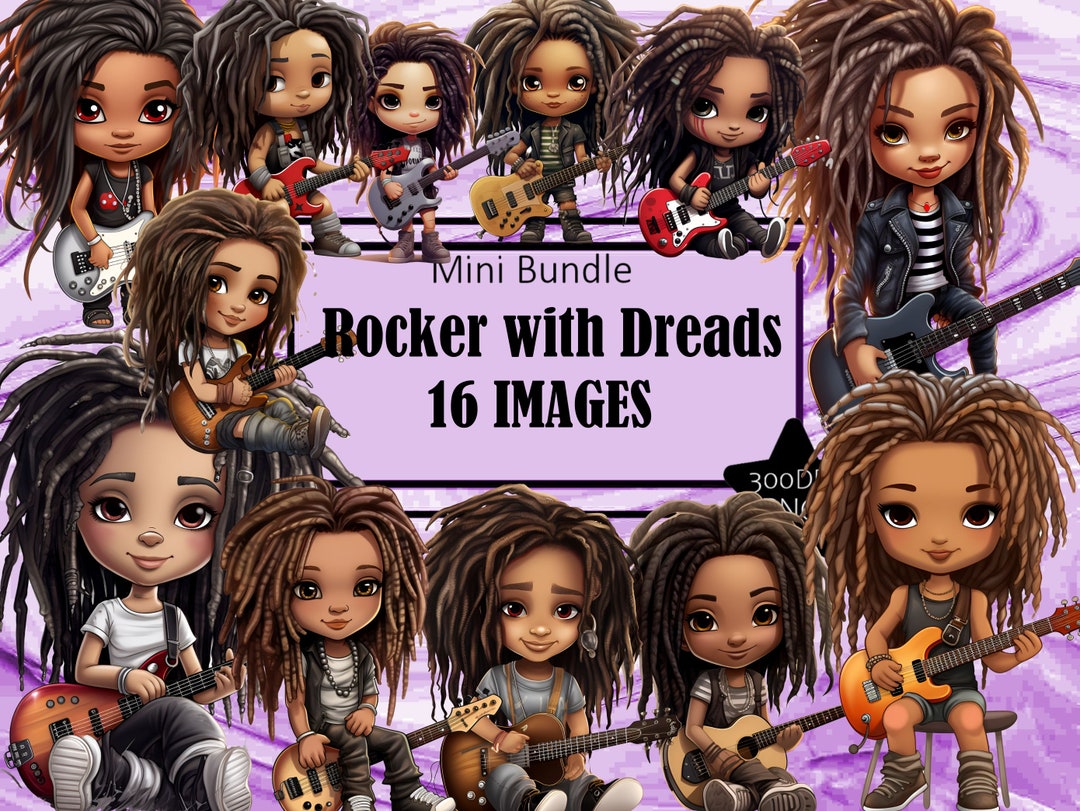 Rocker Girl Locs Dreads Guitar Chibi Kawaii Art Clipart Graphics ...