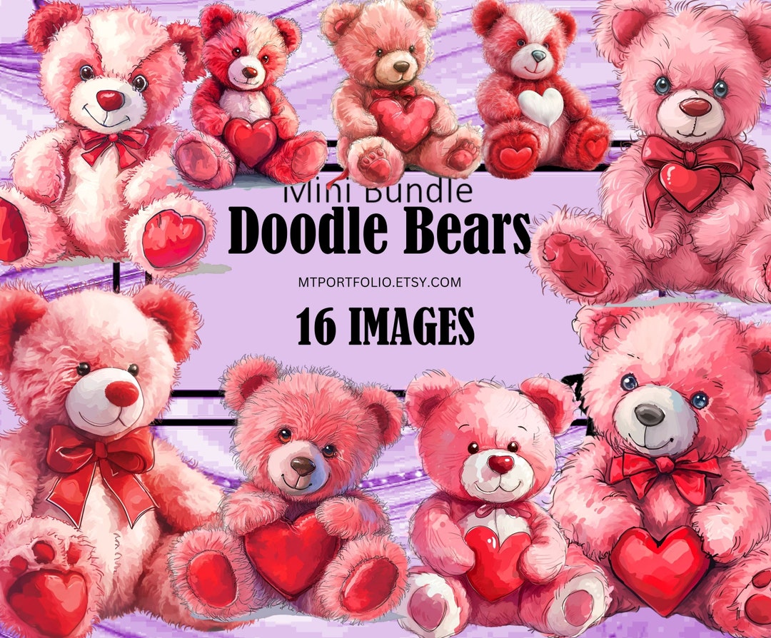 Pastel Pink Doodle Bears Hearts Love Valentines Day Clipart Graphics ...