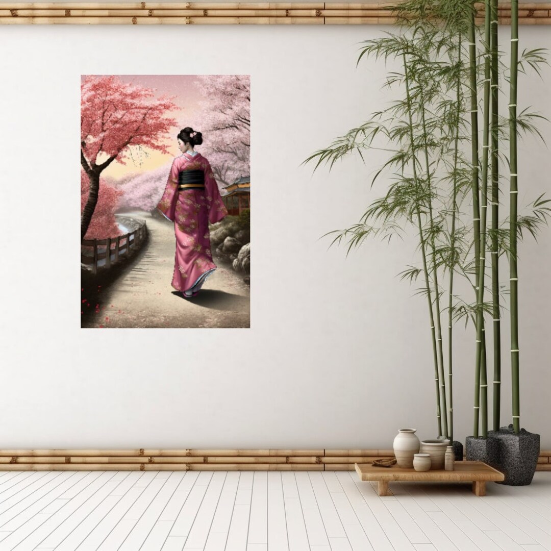 Japanese Geisha Walking Under Cherry Blossoms - Wall Art - Instant ...