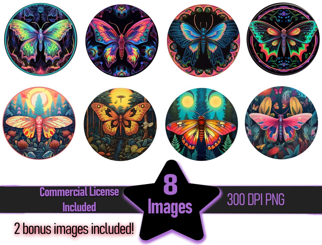 Neon and Colorful Moths Cottagecore Coaster Round Clipart Graphics ...