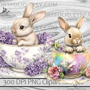 Teacup Bunny Clipart Vintage Floral Easter Rustic Cottagecore PNG ...
