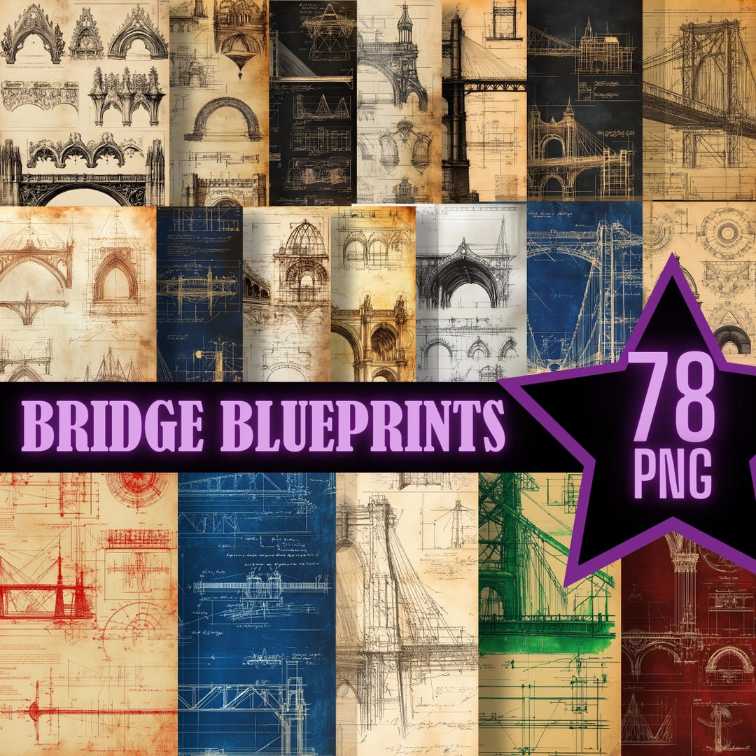 Vintage Bridge Blueprints Arch Patent Drawings PNG Printable Schematic ...