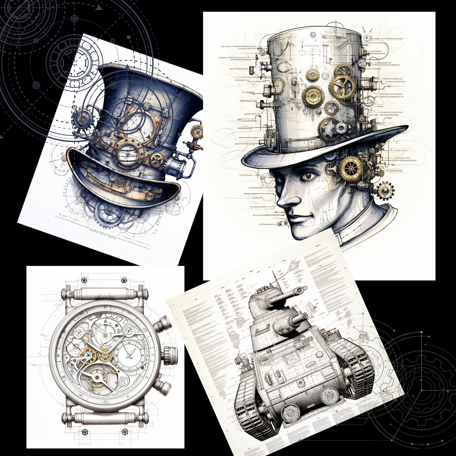 Steampunk Blueprints Patent Drawings PNG Printable Schematic Vintage ...