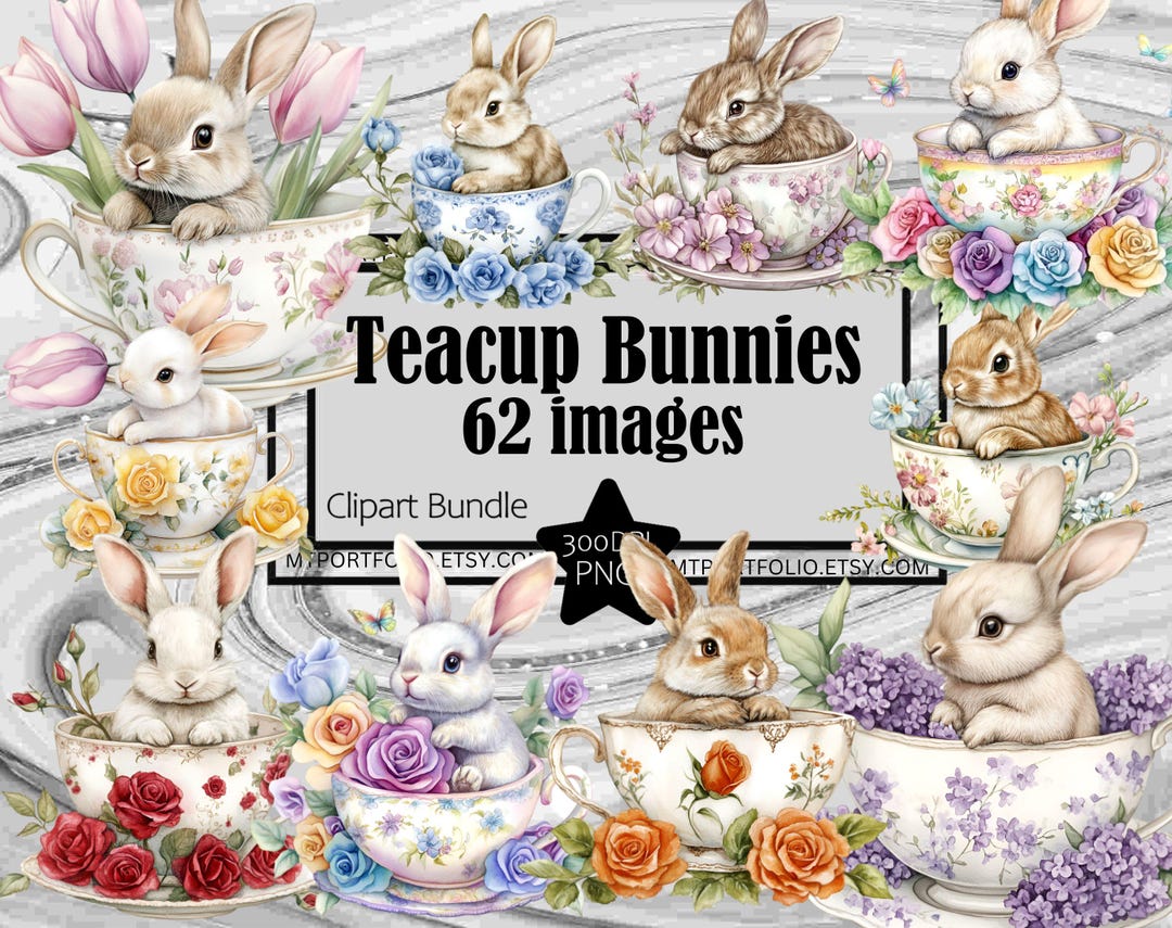 Teacup Bunny Clipart Vintage Floral Easter Rustic Cottagecore PNG ...