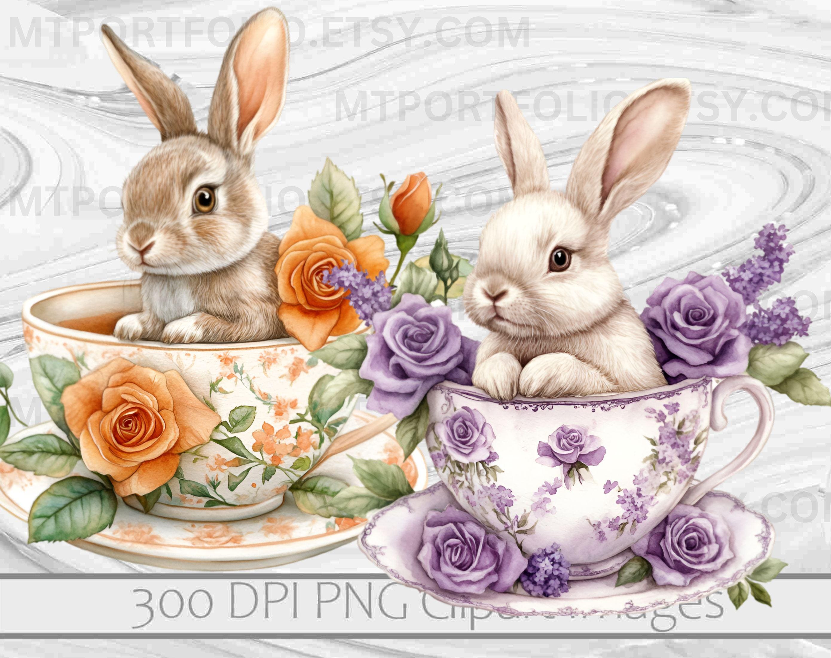 Teacup Bunny Clipart Vintage Floral Easter Rustic Cottagecore PNG ...
