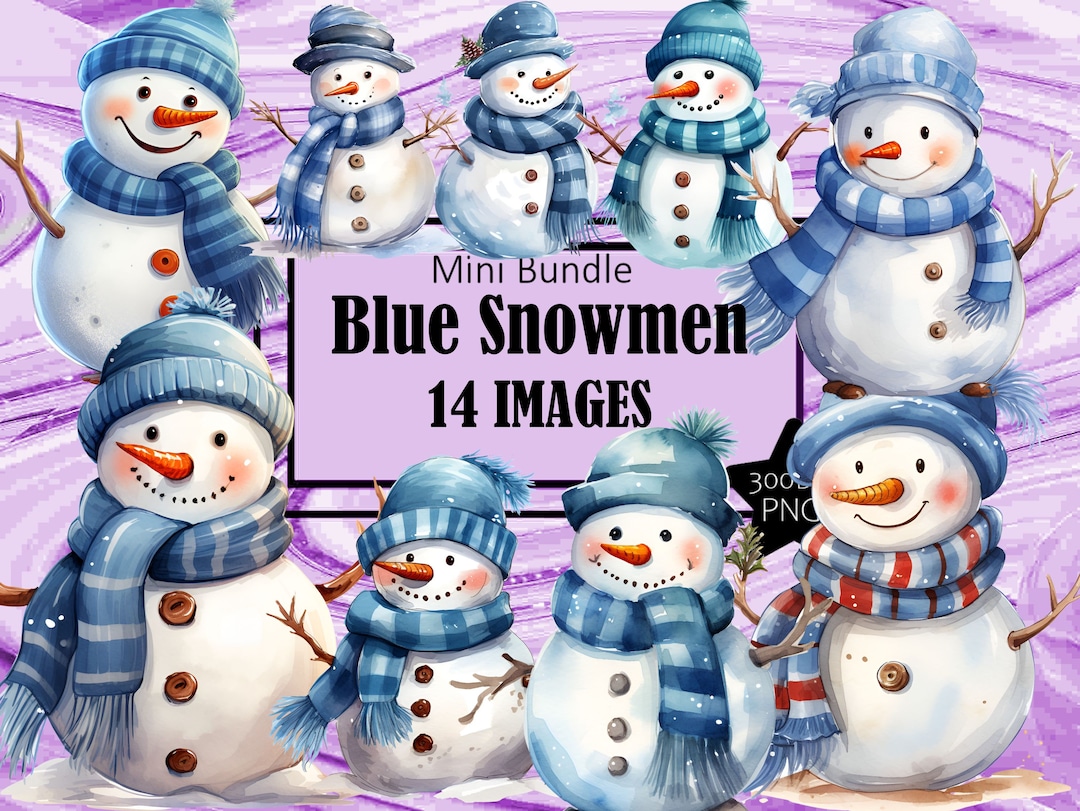 Snowmen in Blue Scarf and Hat Watercolor Winter PNG Art Clipart ...
