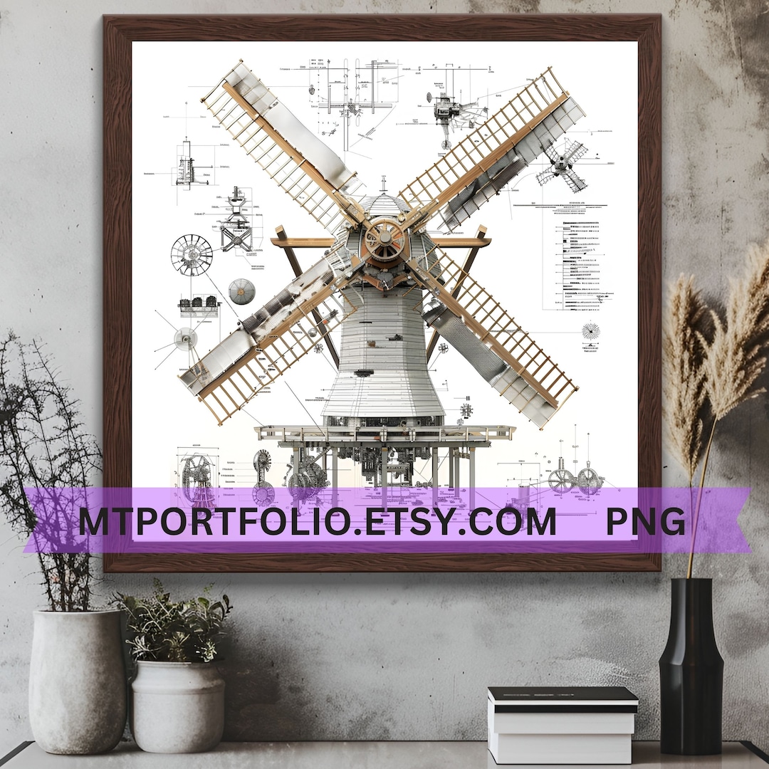 Windmill Blueprint Printable Art - Architecture Schematic- Wood ...