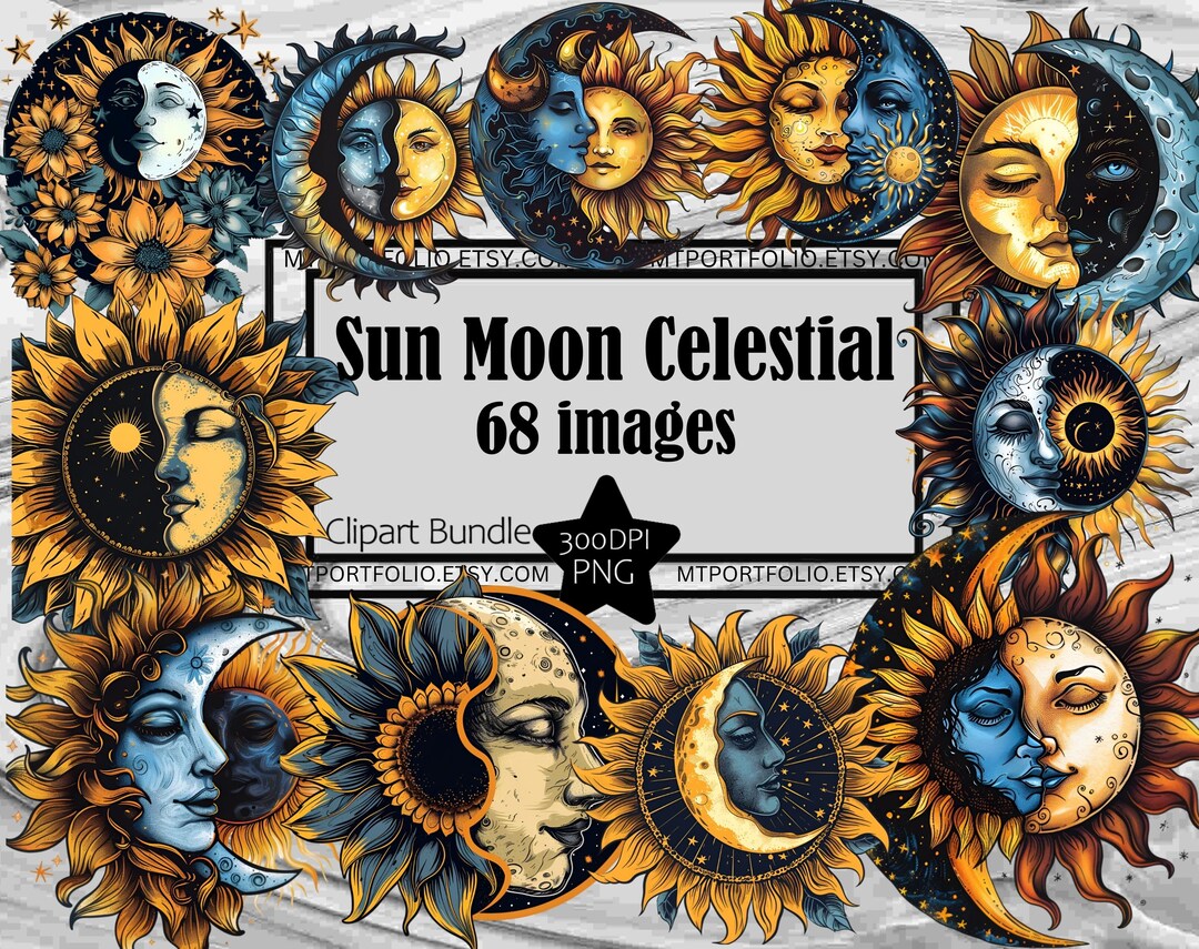 Sun Moon Clipart Celestial Sun PNG Crescent Moon Graphics Bundle ...