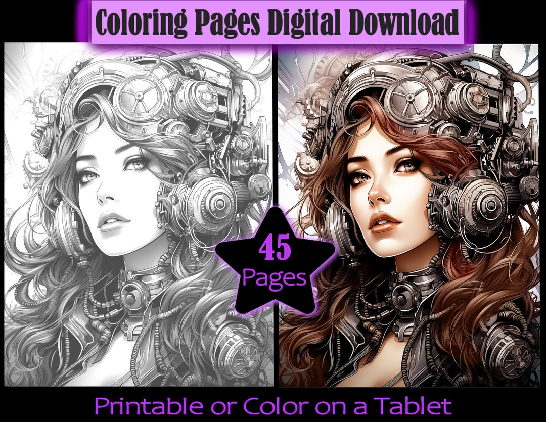 Steampunk Girls 45 Adult Coloring Pages - Scifi Fantasy Goggles - Ready ...