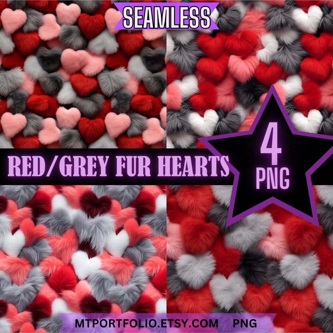 Grey Red White Fur Furry Texture Hearts 3D Digital Paper Seamless ...