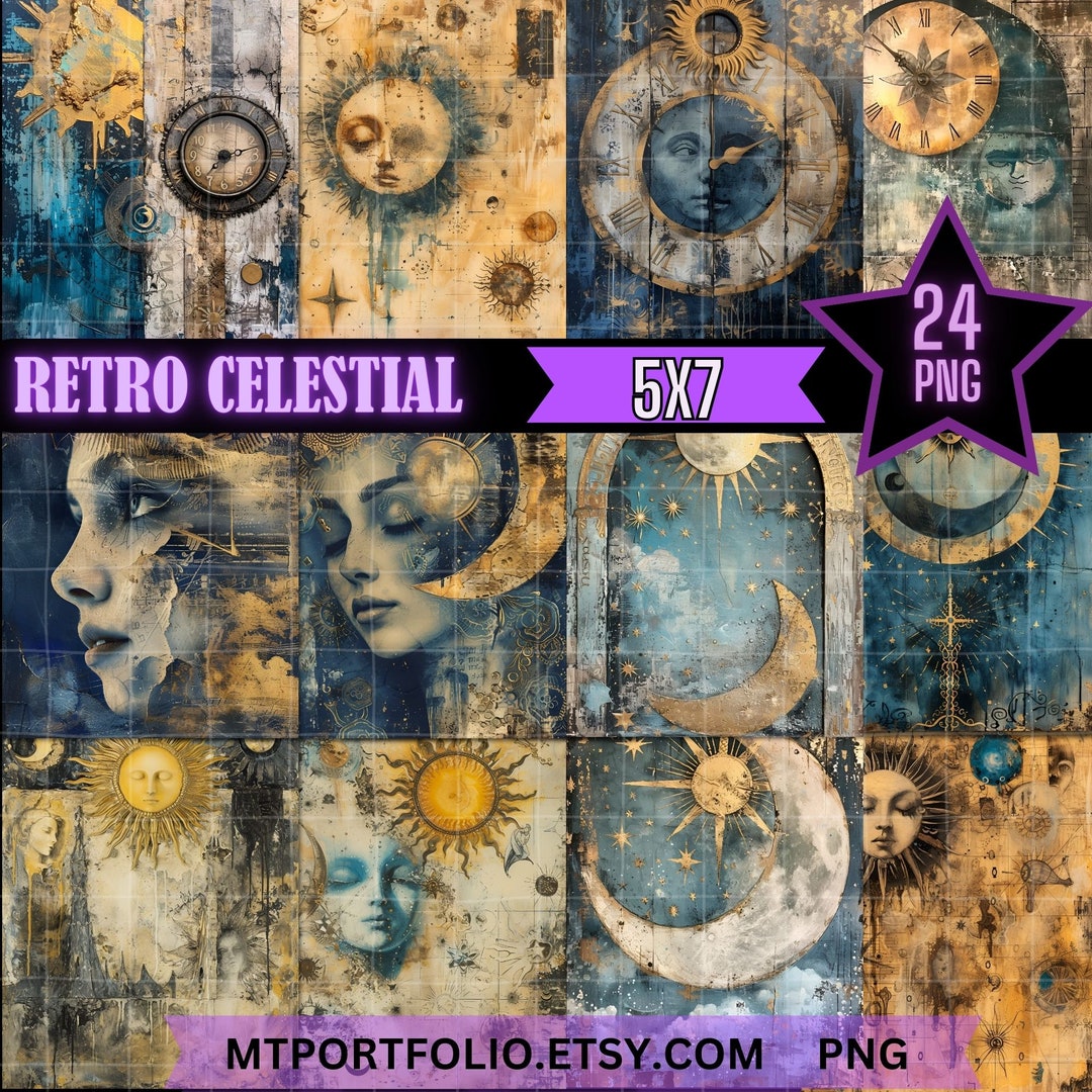 Vintage Celestial Journal Digital 5x7 Sun Moon Stars Paper Print 24 ...