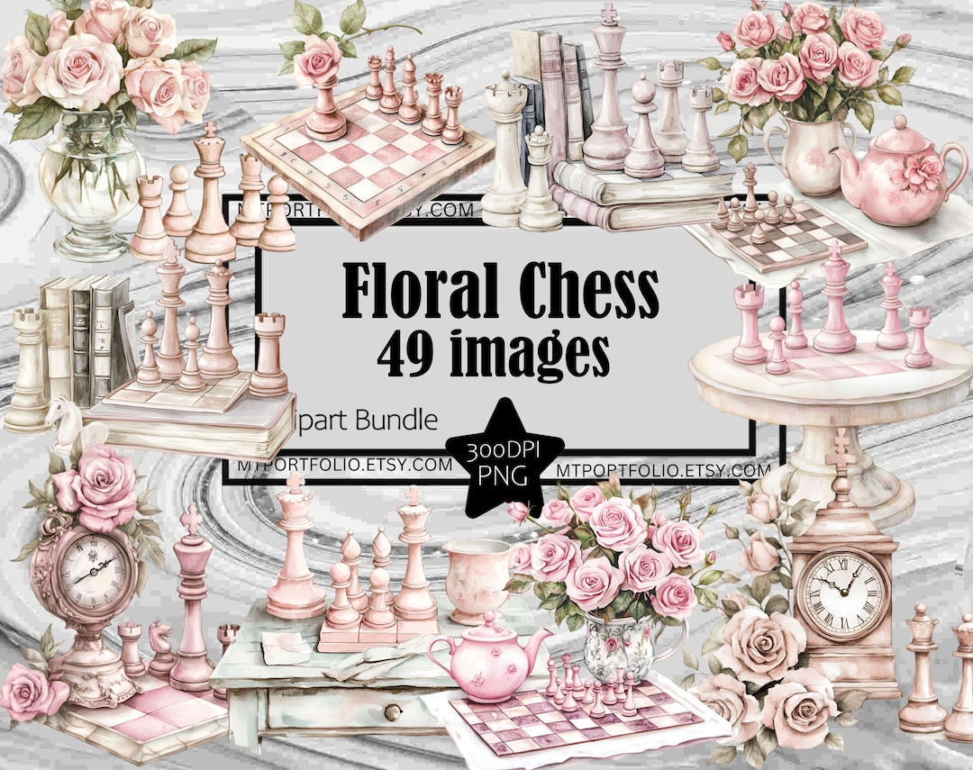 Floral Chess Clipart Fantasy Pink Rose Chess Board PNG Bundle Chess ...