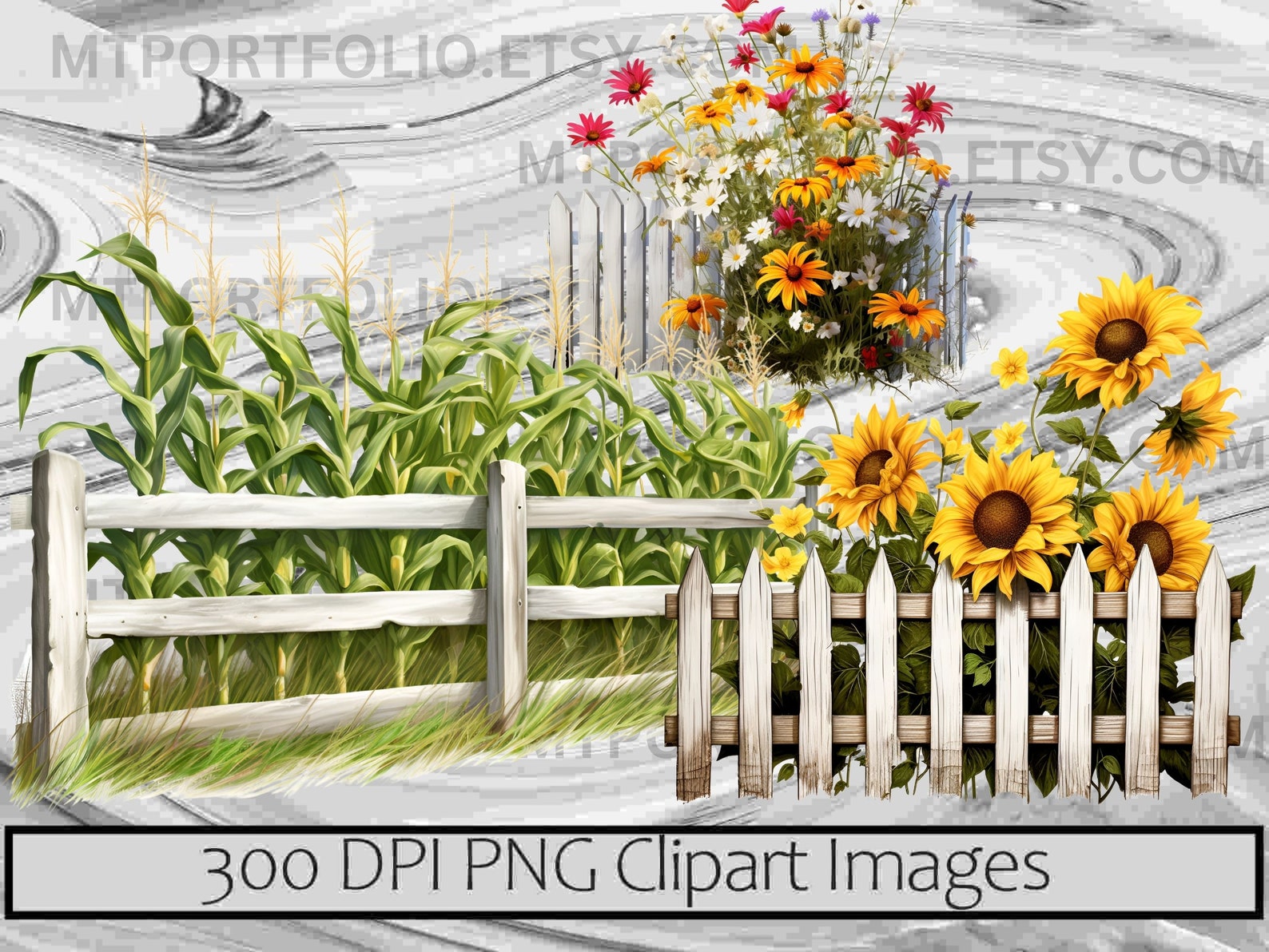 Wildflowers Clipart Country Picket Fences PNG Sublimation Art White ...