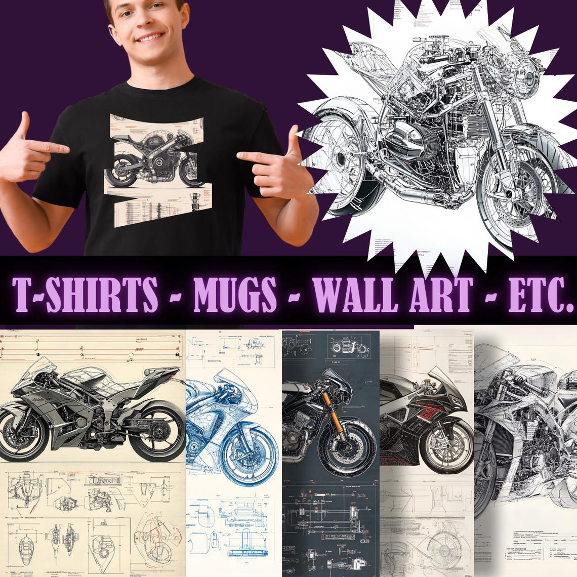 Motorcycle Blueprints Patent Drawings PNG Printable Schematic Vintage ...
