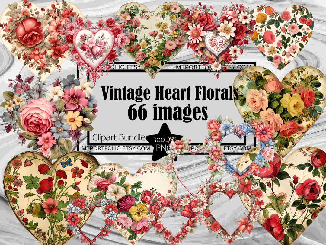 Floral Heart Clipart Vintage Valentine PNG Bundle PNG Graphics ...