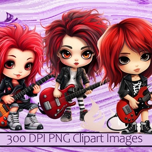 Red Hair Rocker Girl Guitar Chibi Kawaii Art Clipart Graphics ...