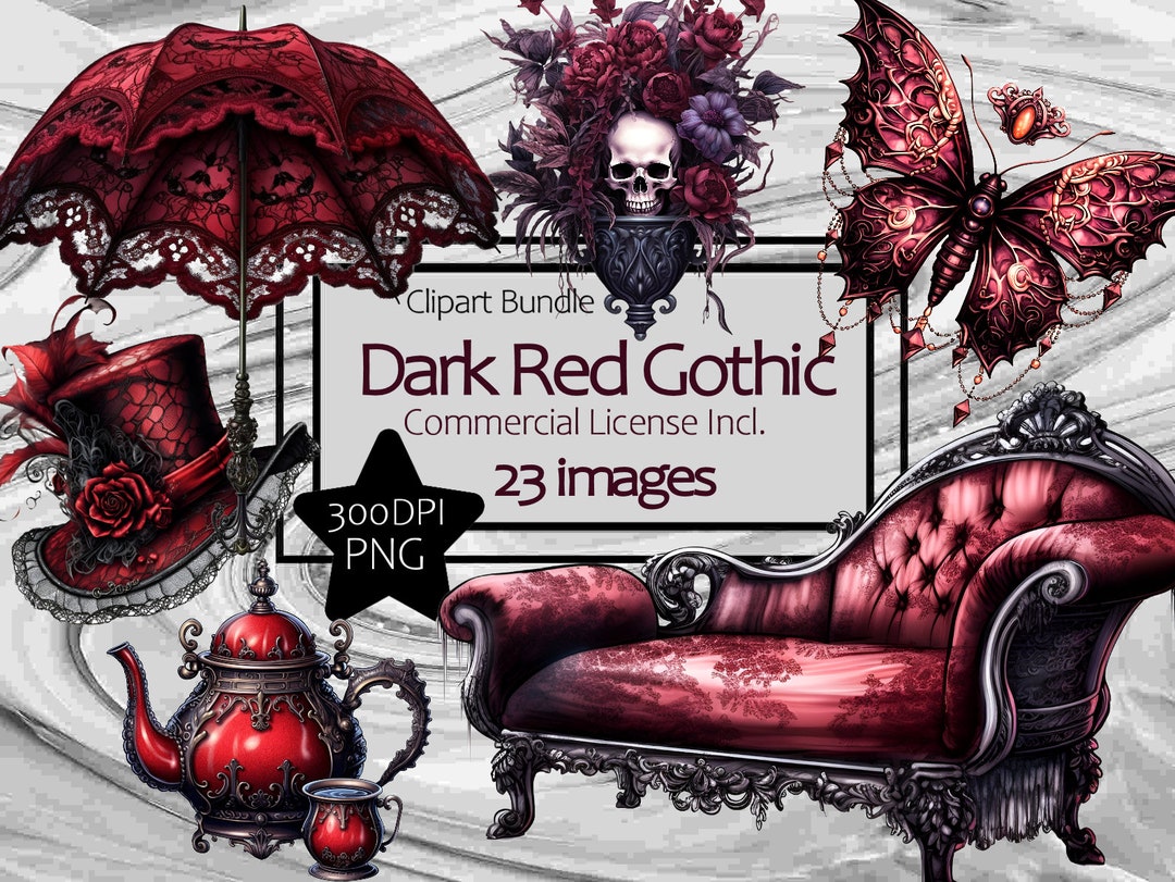 Red Gothic Victorian Clipart Bundle Tea Kettle Parasol Floral Raven ...