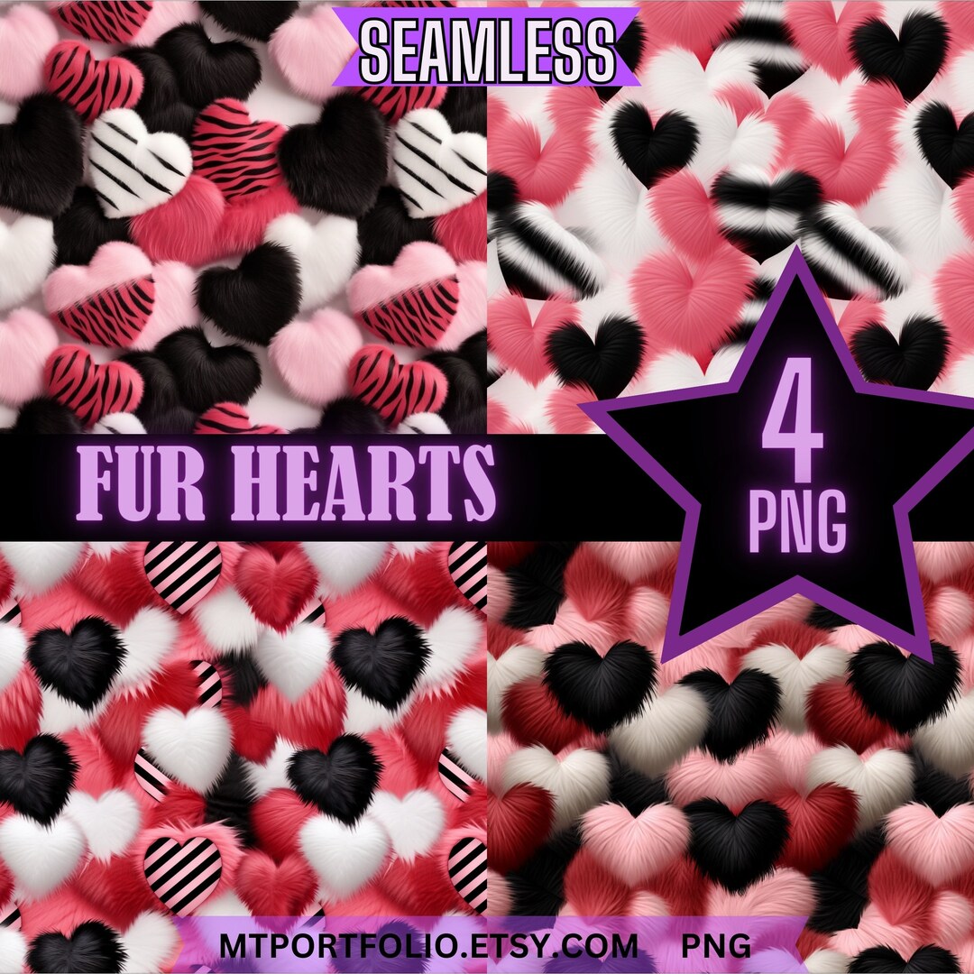Pink Black White Furry Texture Hearts 3D Digital Paper Seamless ...
