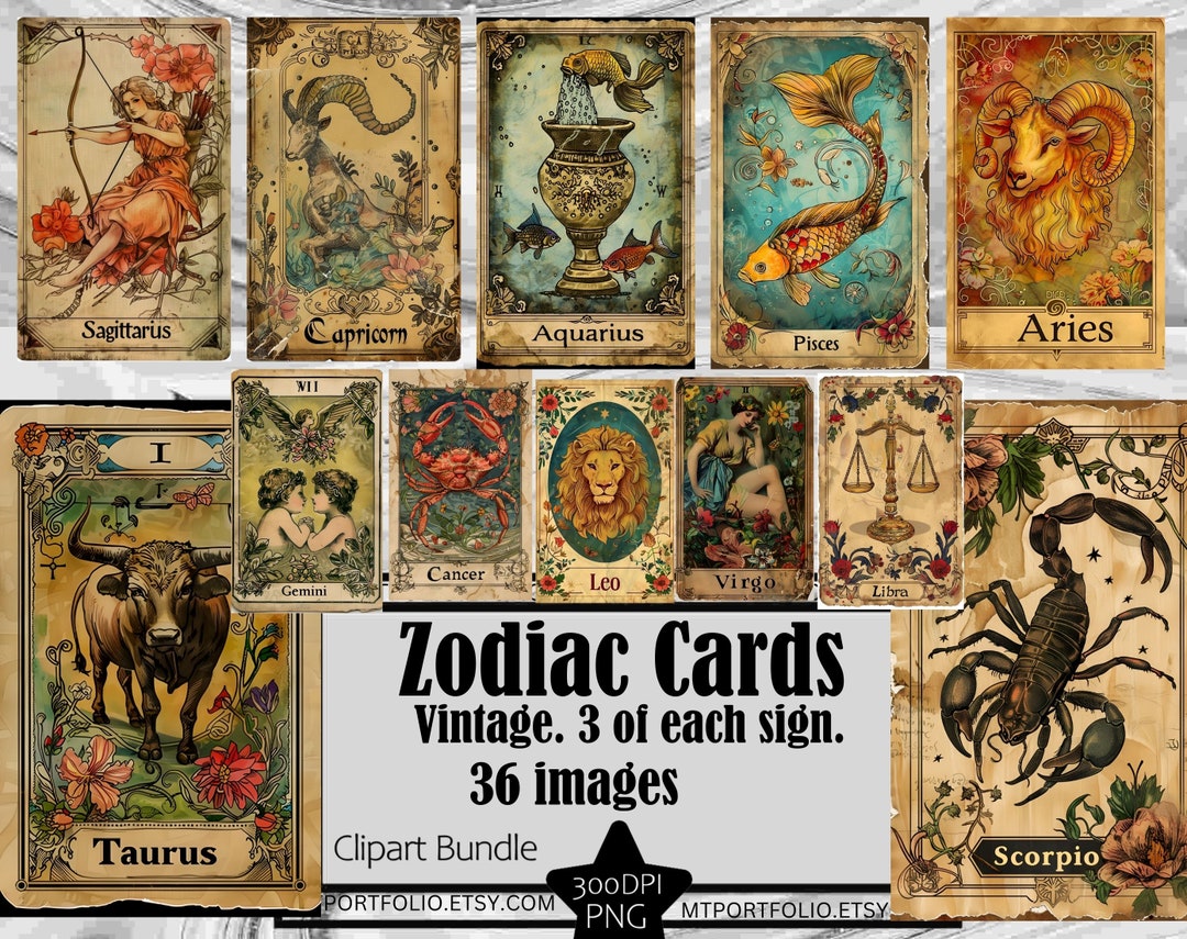 Vintage Zodiac Sign Cards 36 PNG Zodiac Png Art Commercial Use, Zodiac ...