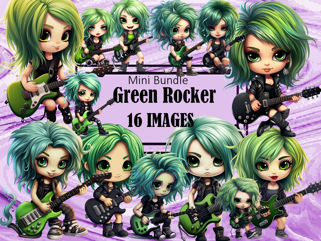 Green Hair Rocker Girl Guitar Chibi Kawaii Art Clipart Graphics ...