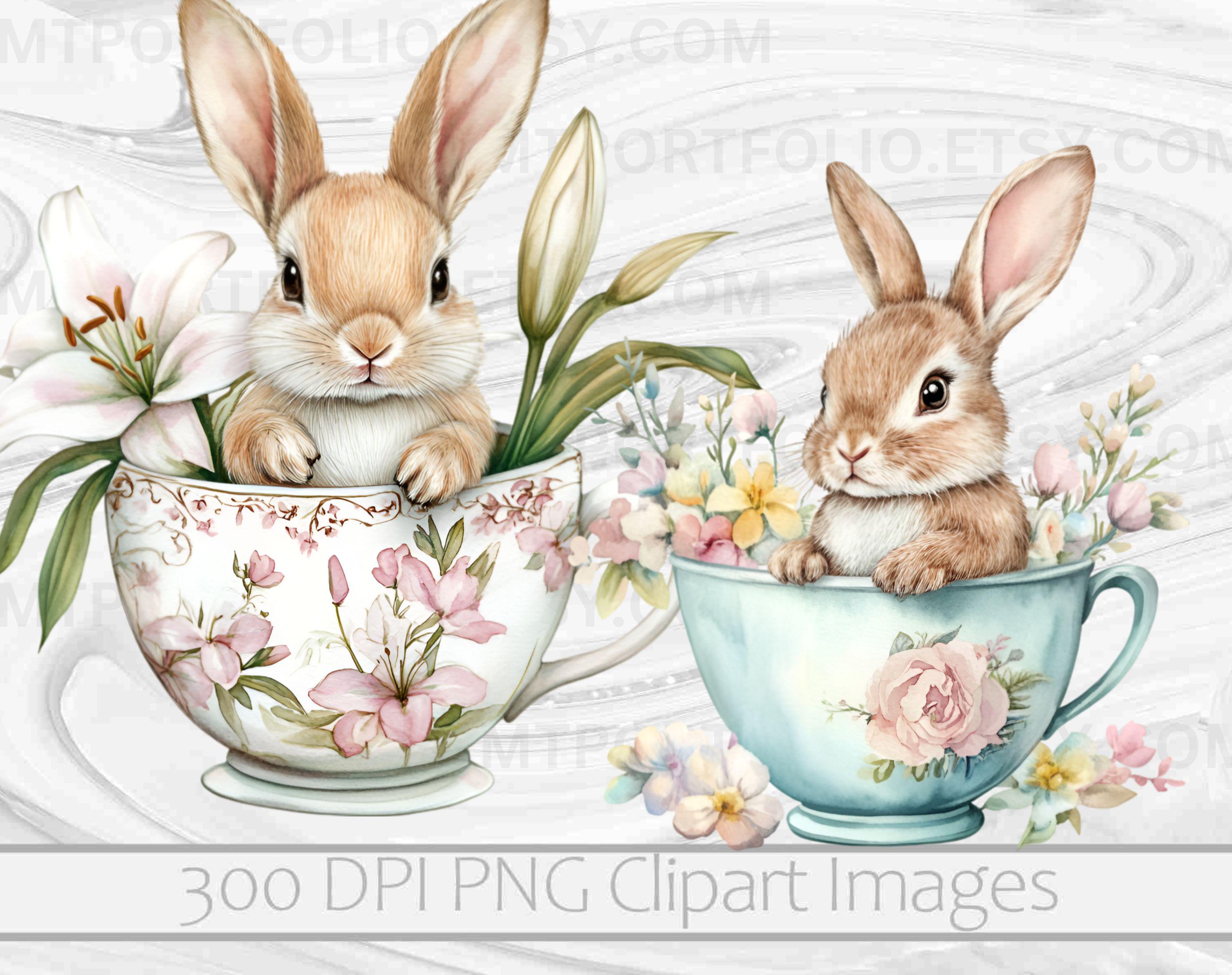 Teacup Bunny Clipart Vintage Floral Easter Rustic Cottagecore PNG ...