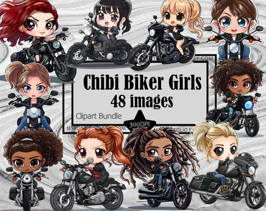 Chibi Biker Girls Clipart Motorcycle PNG Digital Download Leather ...