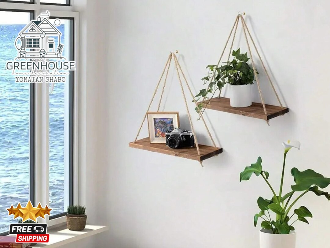 Wooden Hanging Swing Shelf | Floating Wall-mounted Boho Storage ...
