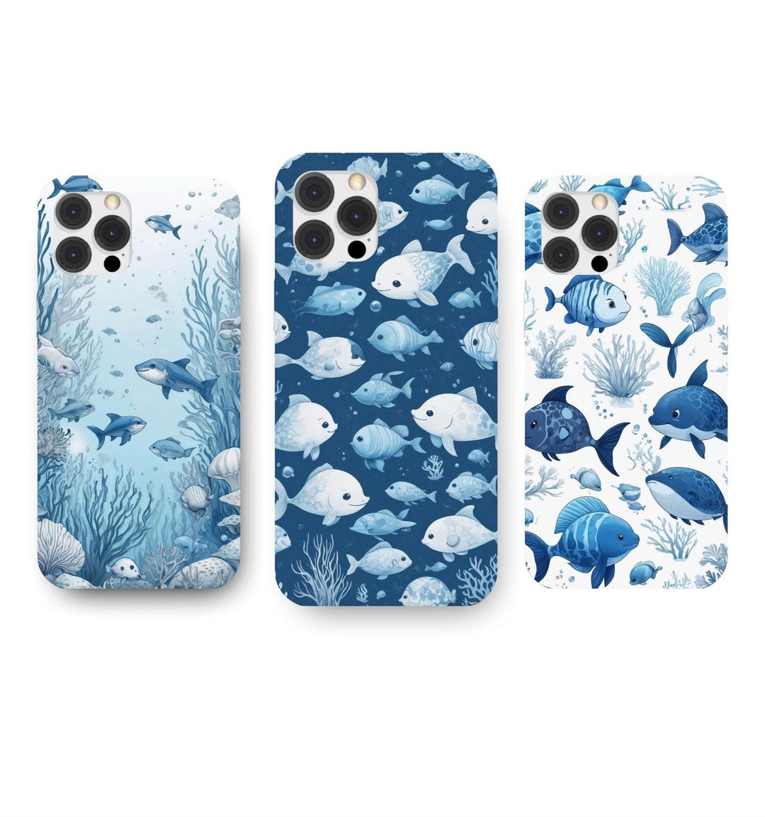 Bold Sea Cute Animals Fish Phone Case, Aqua Blue Hand Drawn Fishes for ...