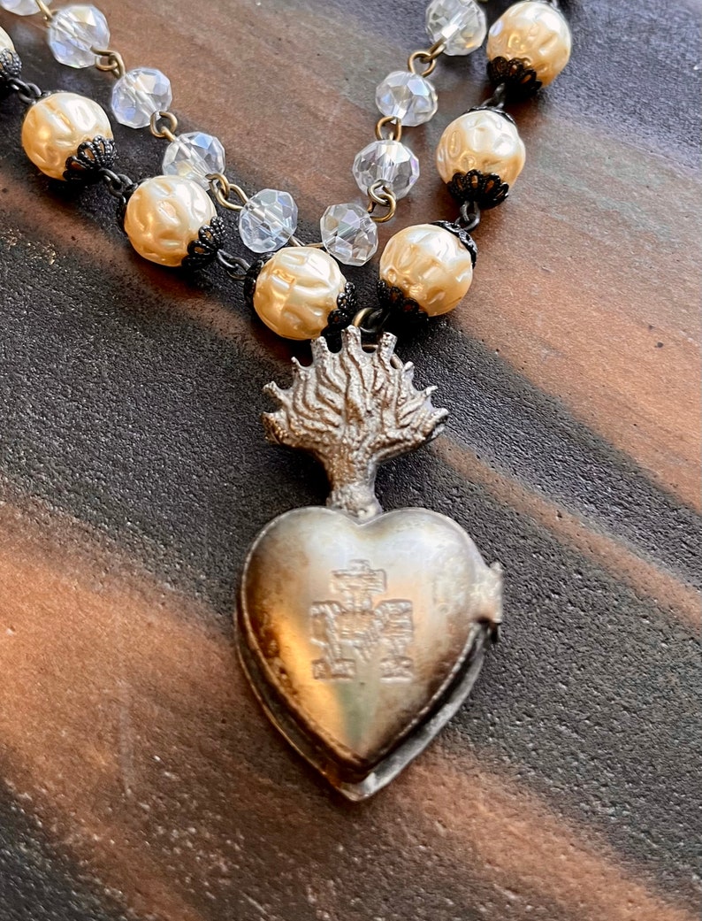 Sacred Heart Locket on Double Strand Crystal and Glass Pearl Rosary ...