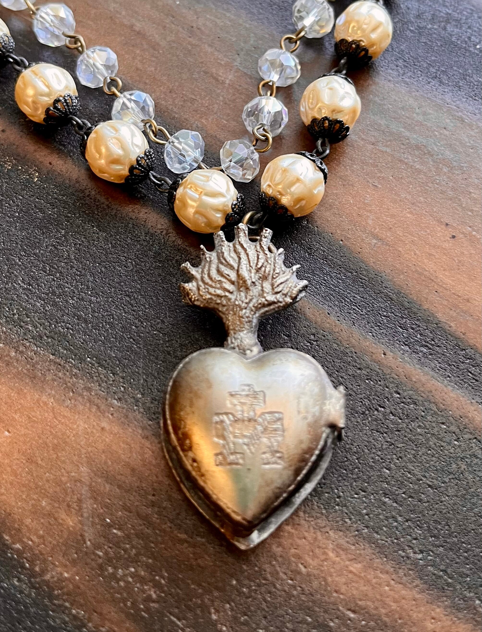 Sacred Heart Locket on Double Strand Crystal and Glass Pearl Rosary ...
