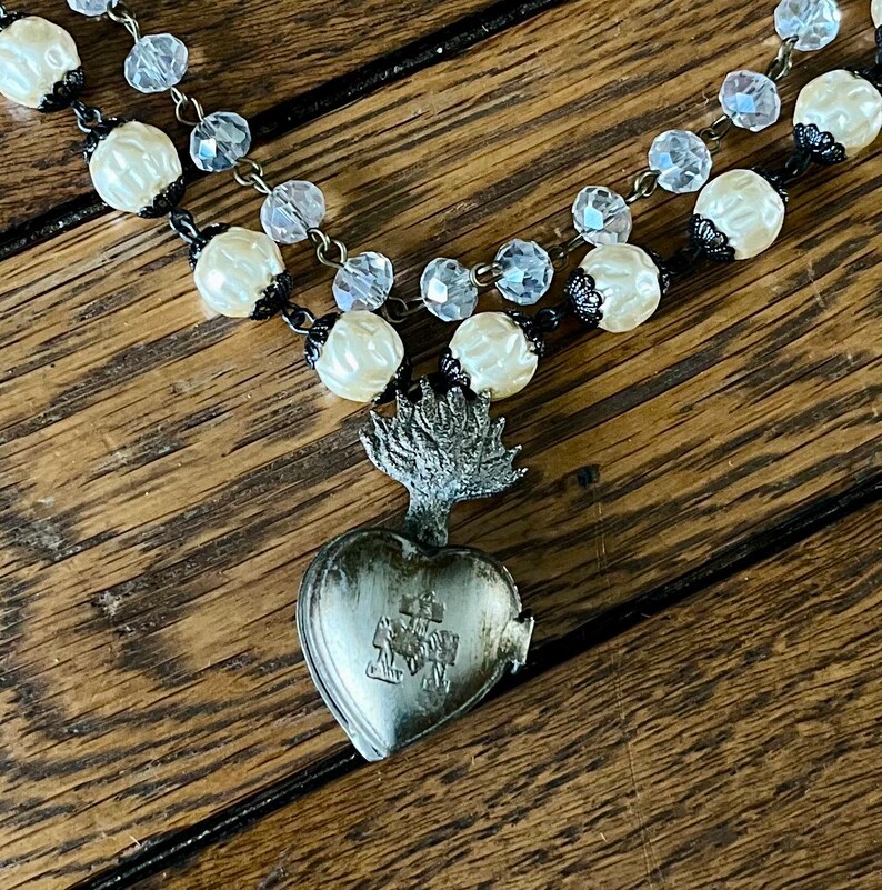 Sacred Heart Locket on Double Strand Crystal and Glass Pearl Rosary ...