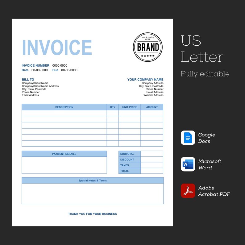 Business Invoice Template, Blue, Microsoft Word, Google Doc, PDF, A4 ...