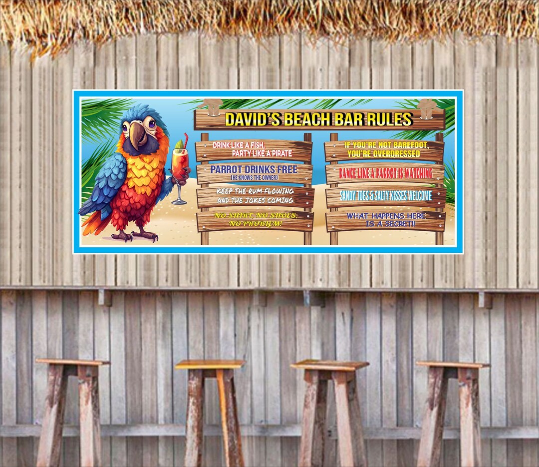 Personalized Beach Bar Sign Custom Colorful Parrot With Tropical Drink ...