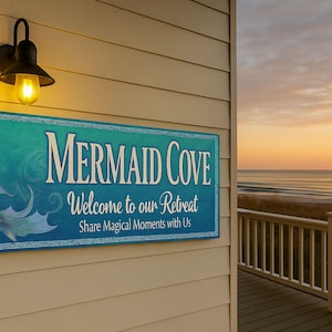 Personalized Beach House Sign in Blue With Mermaid and Ocean Waves ...