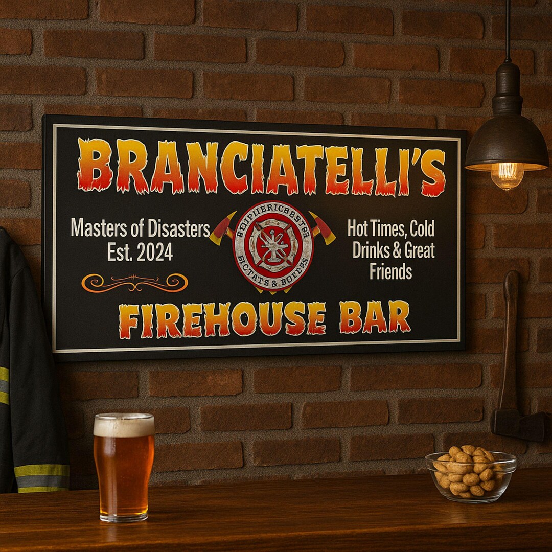 Personalized Firehouse Bar Sign: Firefighter Flame Decor, Custom Name ...