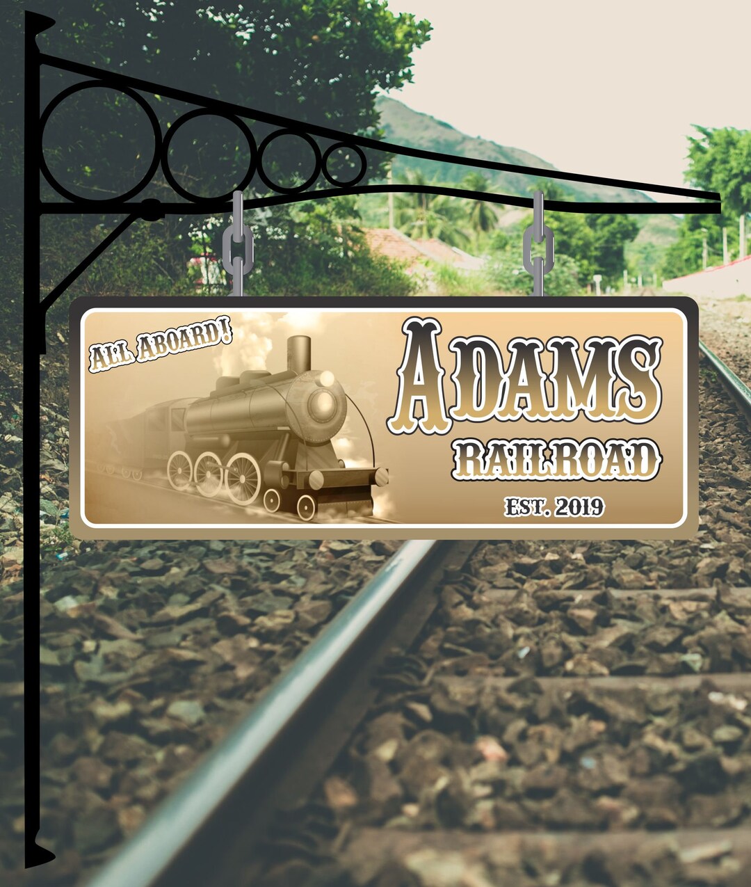 All Aboard Railroad Sign, Train Station Personalized Sign, Locomotive ...
