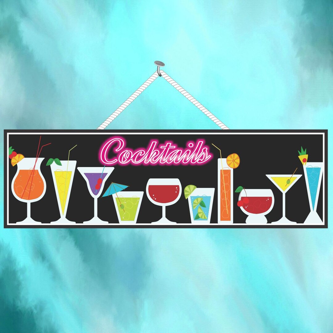 Bar Sign Colorful Cocktails With Hot Pink Faux Neon Lights, Bar Decor ...