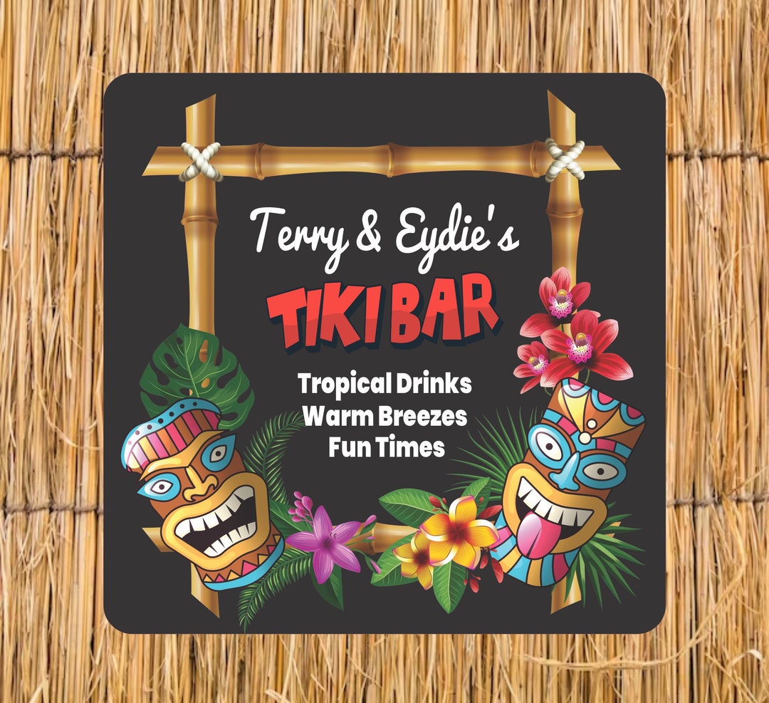 Handcrafted Personalized Tiki Bar Sign: Tribal Masks & Bamboo Border ...