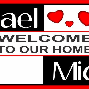 Red and Black Personalized Welcome Sign With Hearts & Couples Name ...