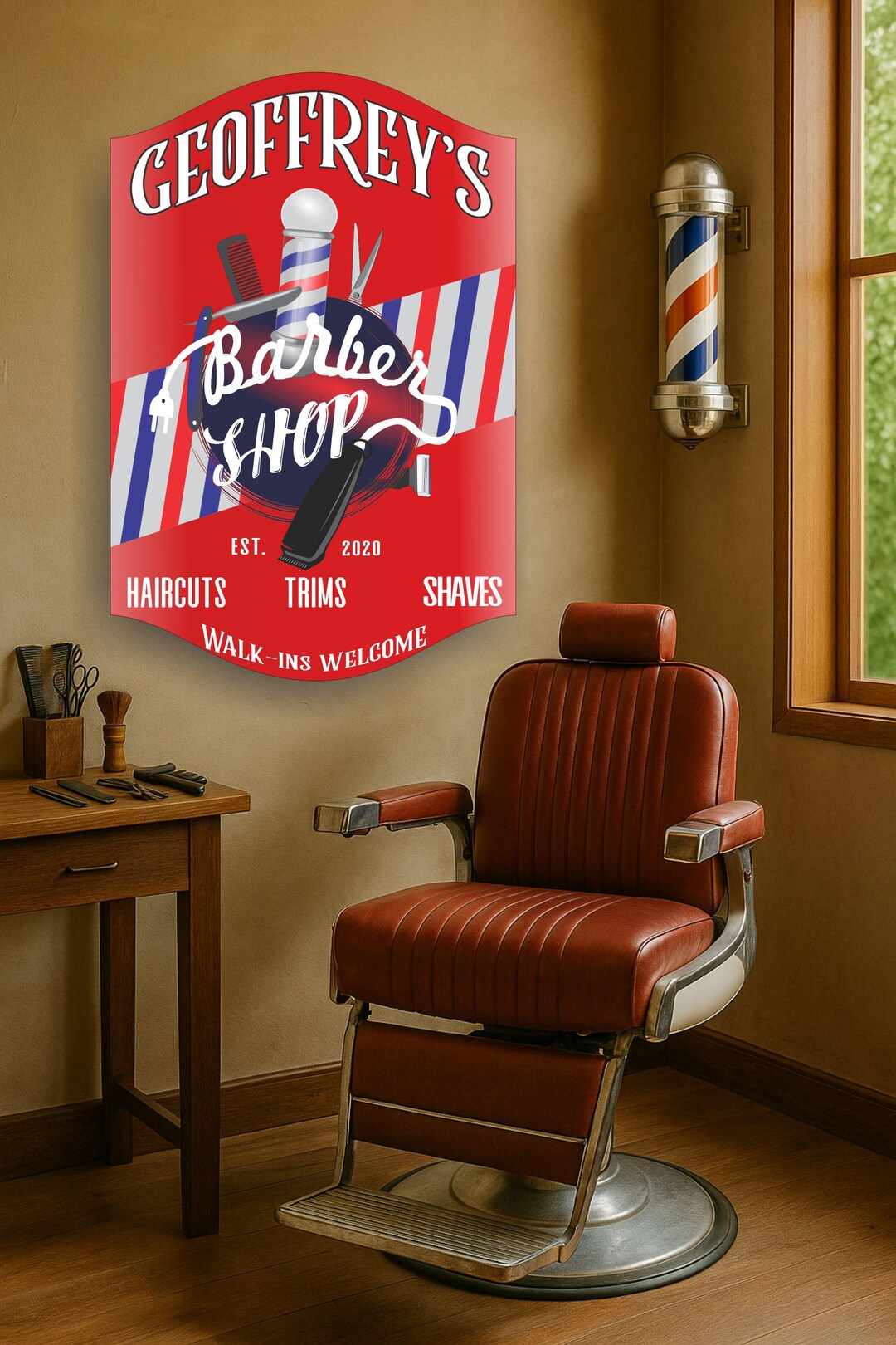 Personalized Barber Shop Sign: Red Barbershop Decor, Custom Name Wall ...