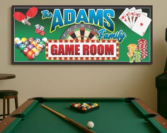 Family Game Room Wood Sign, Custom Name Sign, Poker Darts Billiards Man ...
