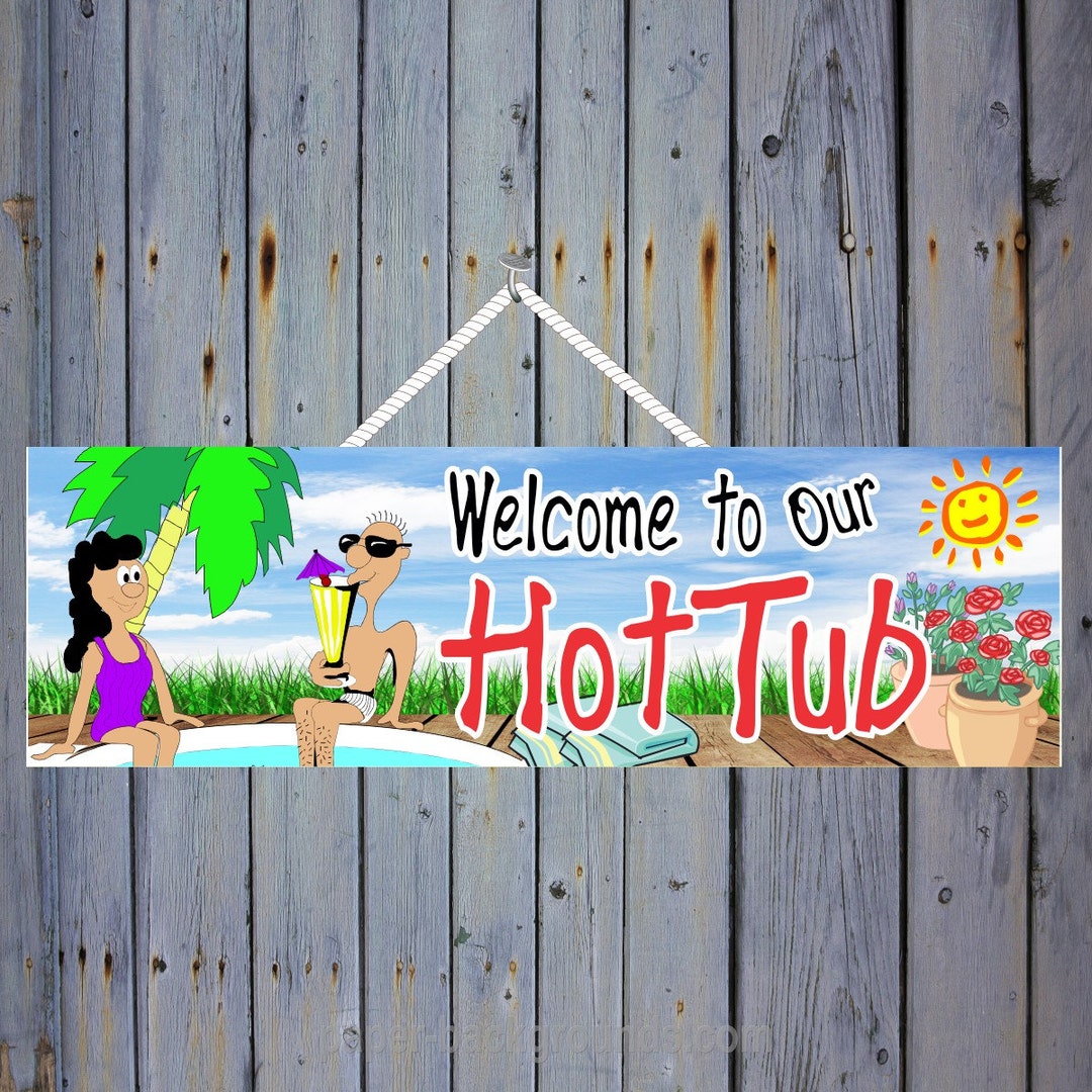 Hot Tub Welcome Sign With Roses, Palm Tree, Blue Sky and Couple ...