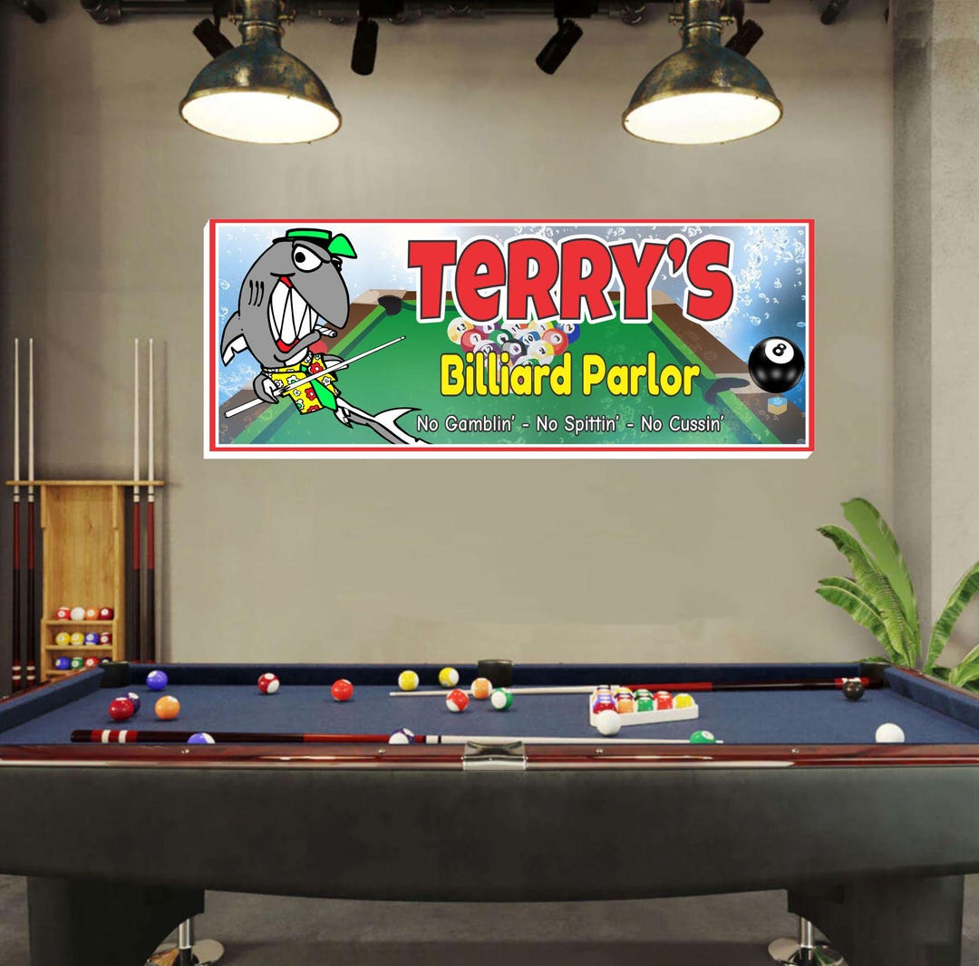 Personalized Billiard Room Sign: Funny Cartoon Shark Pool Hall Wall Art ...